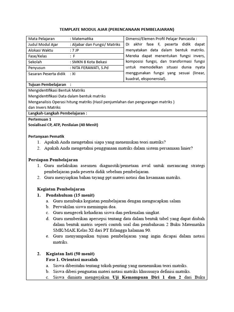 Modul Ajar Matematika: Matriks dan Fungsi | PDF