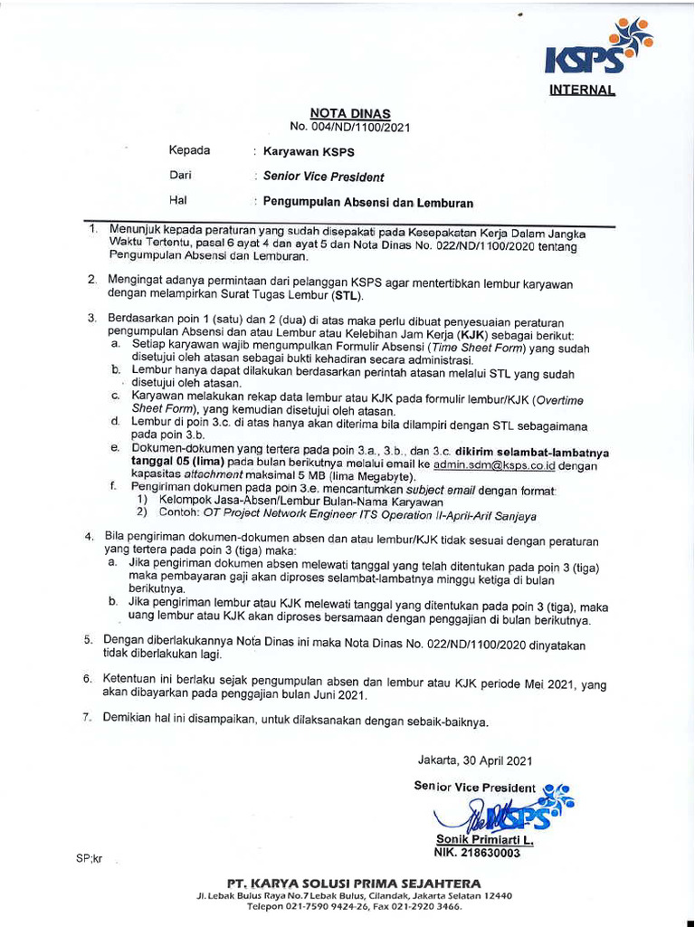 Nota Dinas Pengumpulan Absensi Dan Lemburan | PDF