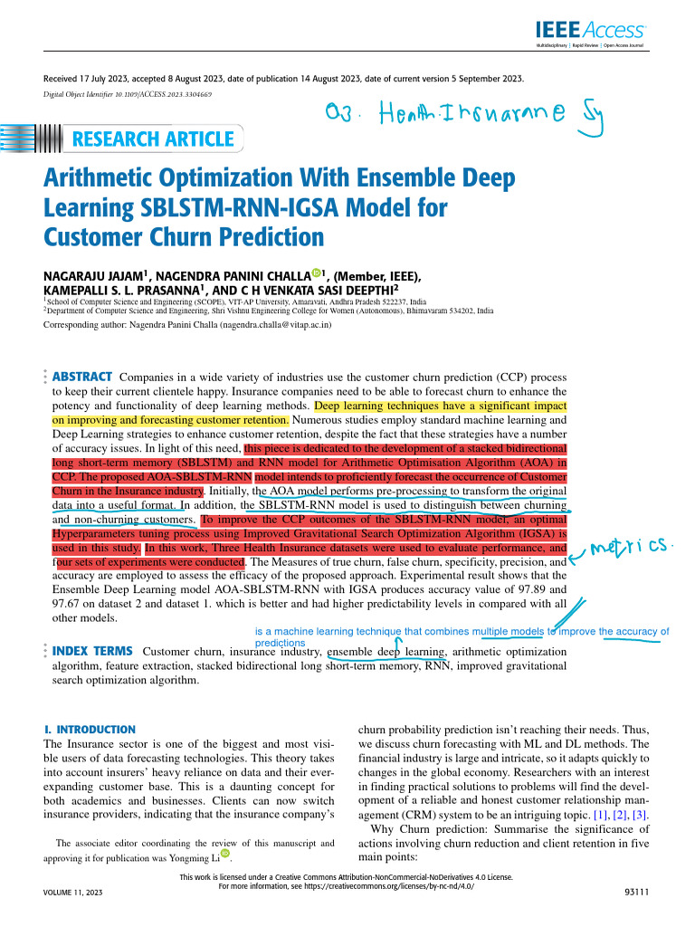 Arithmetic Optimization With Ensemble Deep Learning SBLSTM-RNN-IGSA Model For Customer Churn ...
