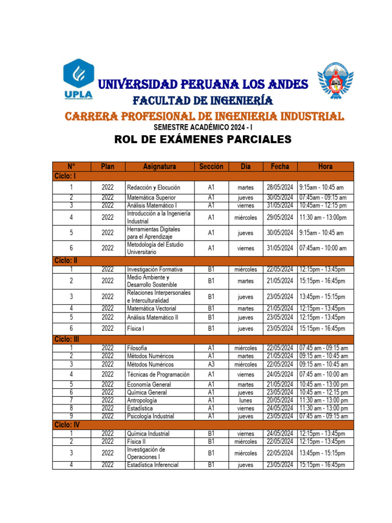Rol de Examenes Parciales 2024-I Fin 16 de Mayo | PDF | Ingeniería ... Rol de Examenes Parciales 2024-I Fin 16 de Mayo | PDF | Ingeniería ...