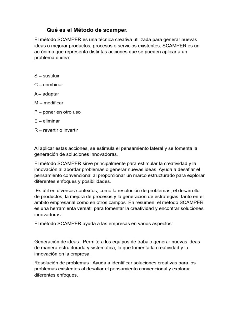 Trabajo Metodo Scamper | PDF | Innovación | Creatividad