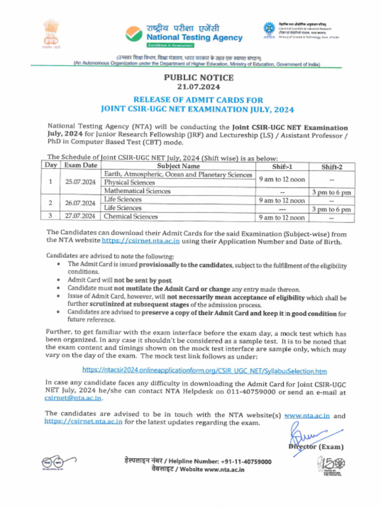 Public Notice For Joint Csir Ugc Net Admit Card | PDF