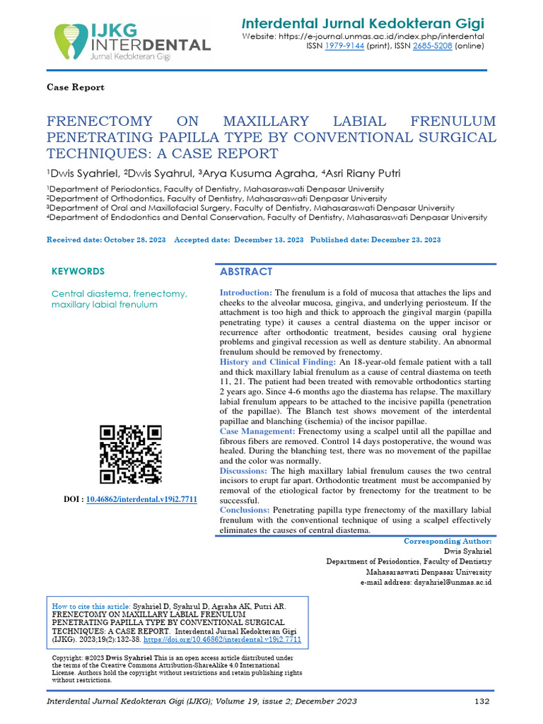 Frenectomy ON Maxillary Labial Frenulum Penetrating Papilla Type by Conventional Surgical ...