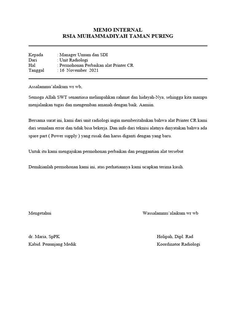 Memo Internal Pengajuan Power Supply Printer CR | PDF