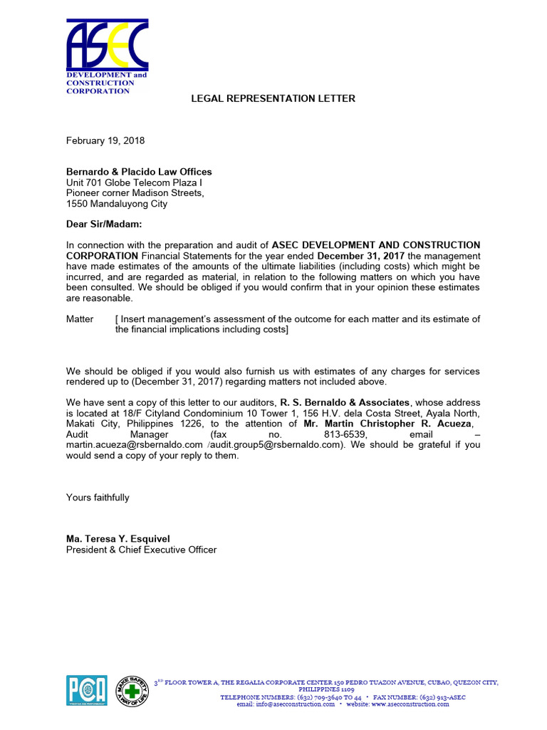 Legal Representation Letter | PDF | Business