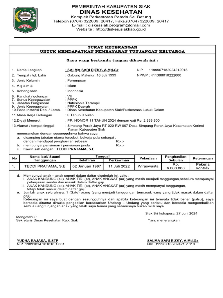 Surat Keterangan Tunjangan Keluarga | PDF