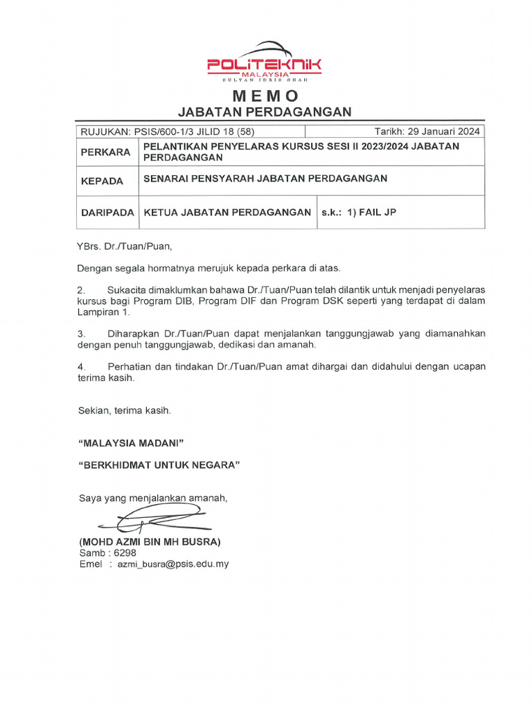 Memo Penyelaras Kursus Sesi II 2023 2024 Latest | PDF