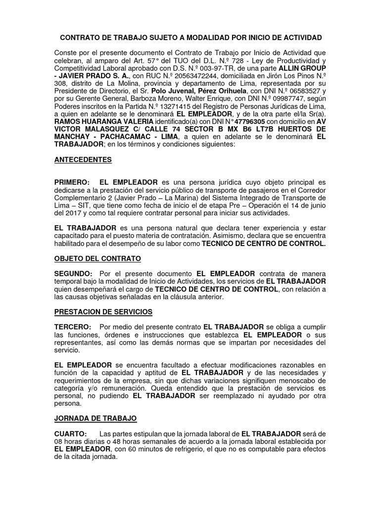 Contrato de Inicio de Actividad - Ramos Huaranga Valeria | PDF | Derecho laboral | Salario
