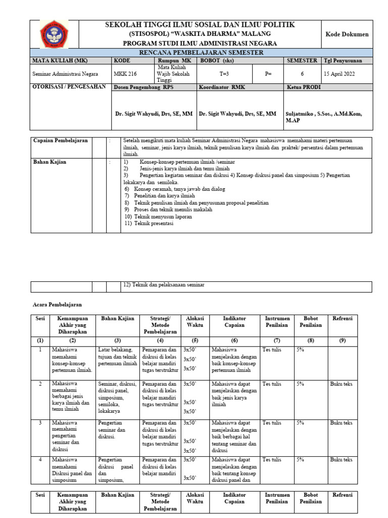 RPS Seminar Administrasi Negara | PDF
