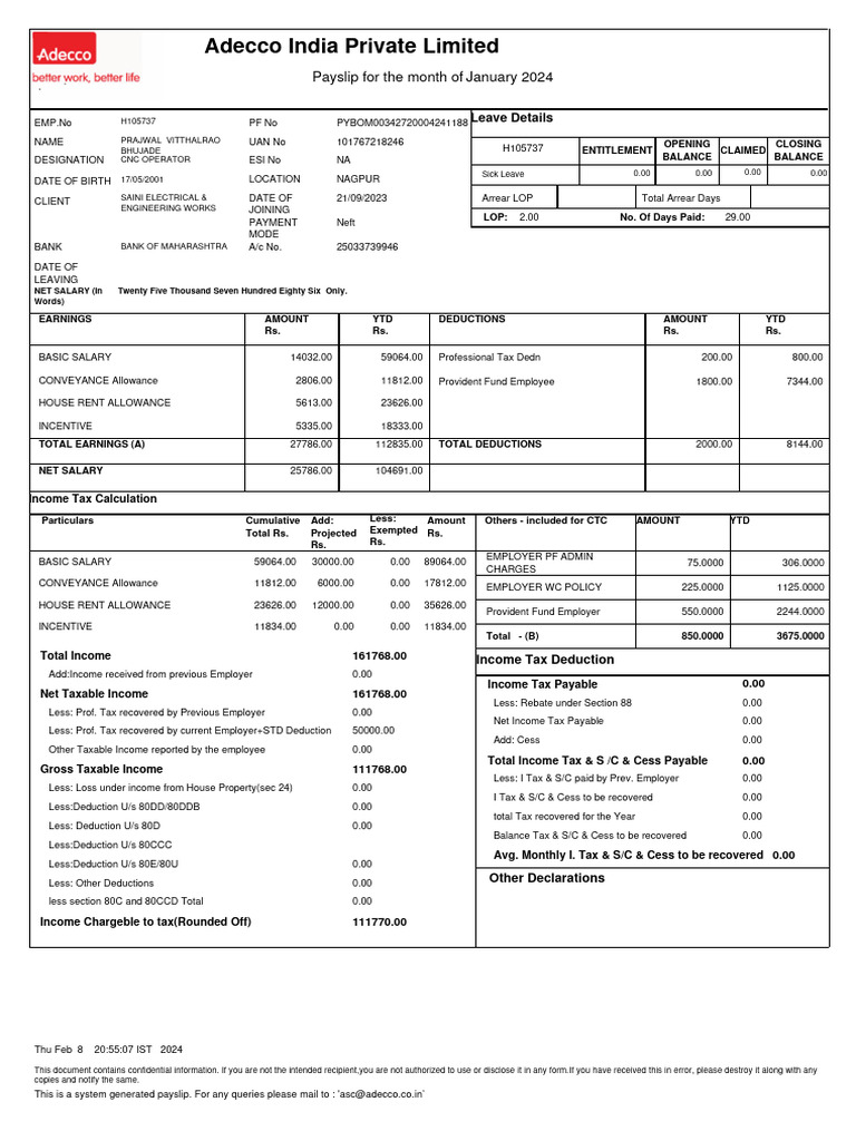 Salary Slip Feb | PDF | Taxes | Tax Deduction