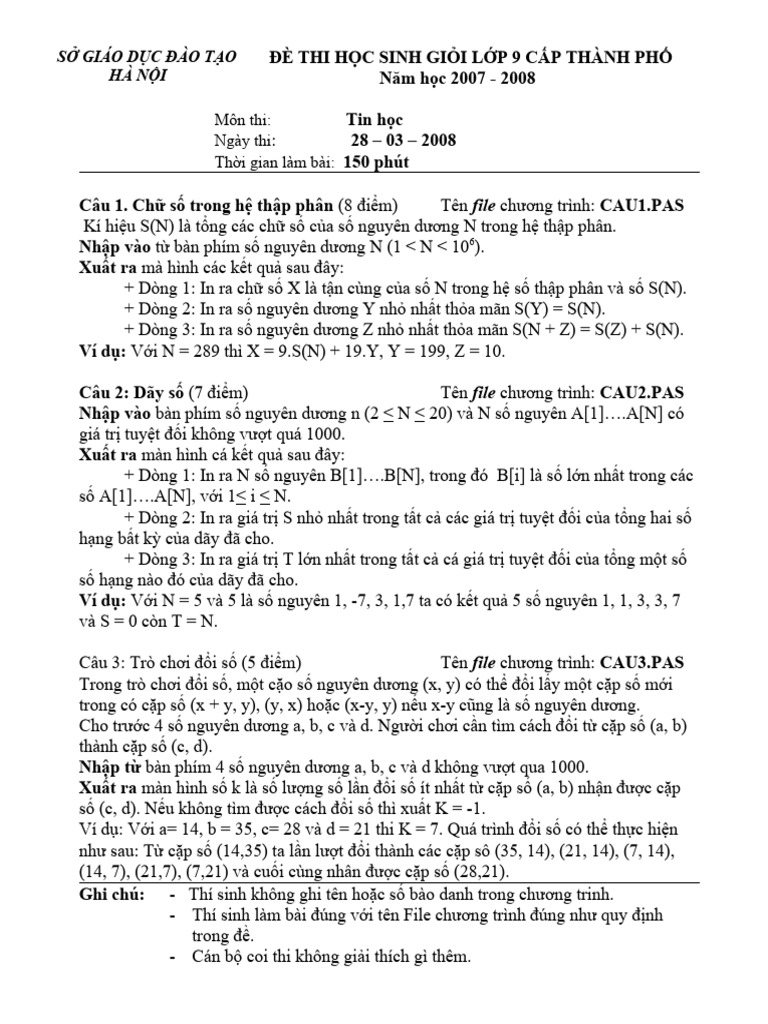 Môn Thi: Ngày Thi TH I Gian Làm Bài:: S Giáo D C Đào T o Hà N I | PDF