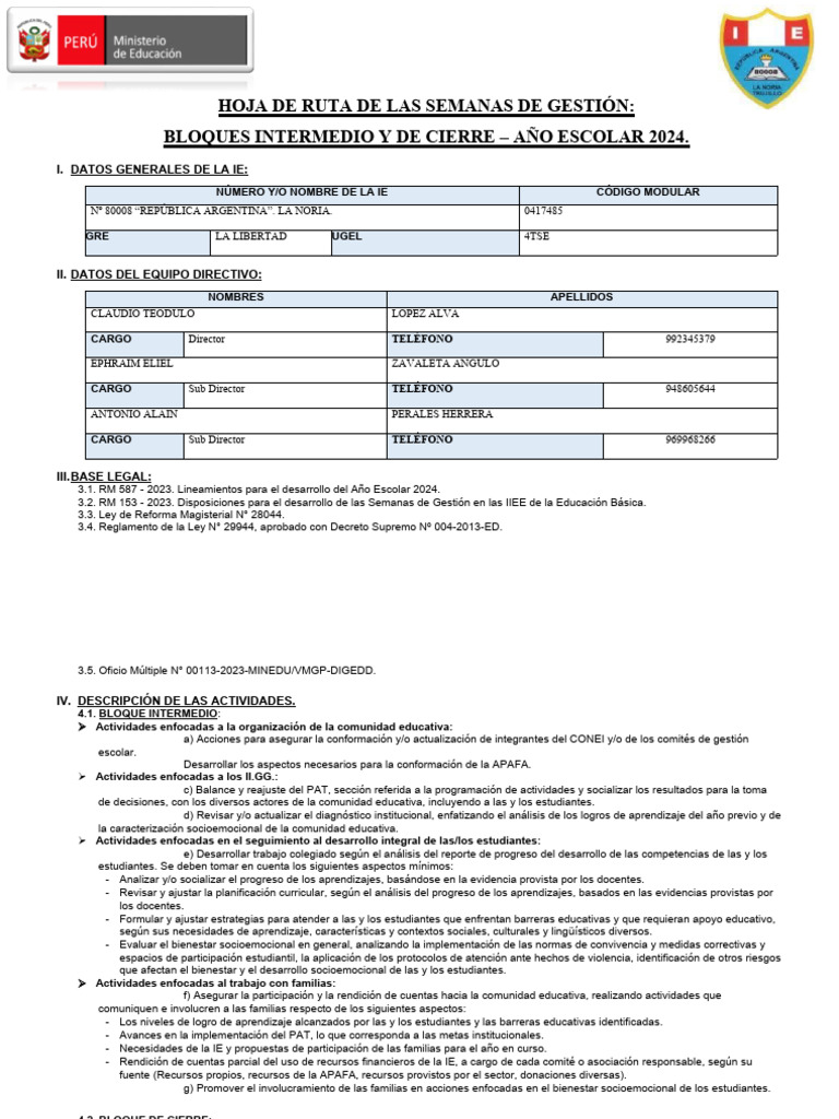 Hoja de Ruta - Semanas de Gestion Intermedia y de Cierre 2024 1 | PDF | Plan de estudios ...