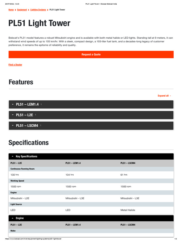 PL51 Light Tower - Doosan Bobcat India Specification | PDF | Power ...
