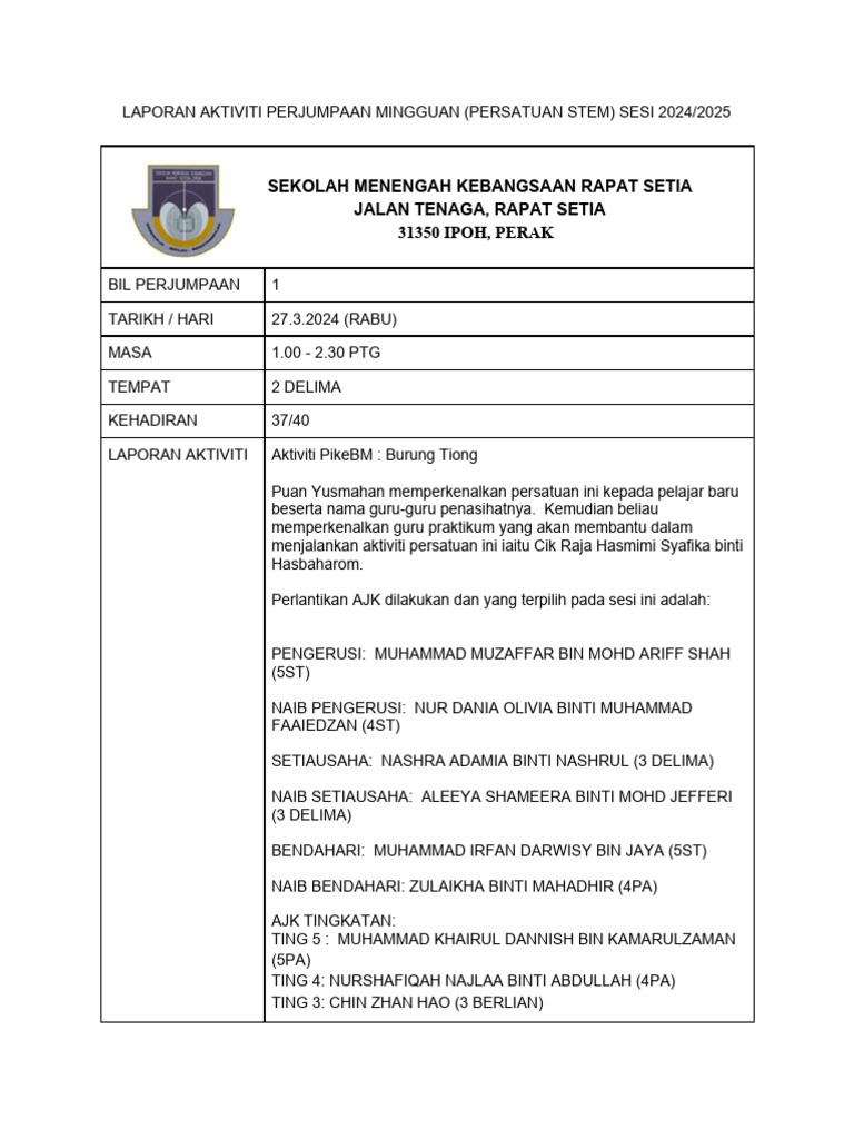 Laporan Aktiviti Mingguan | PDF