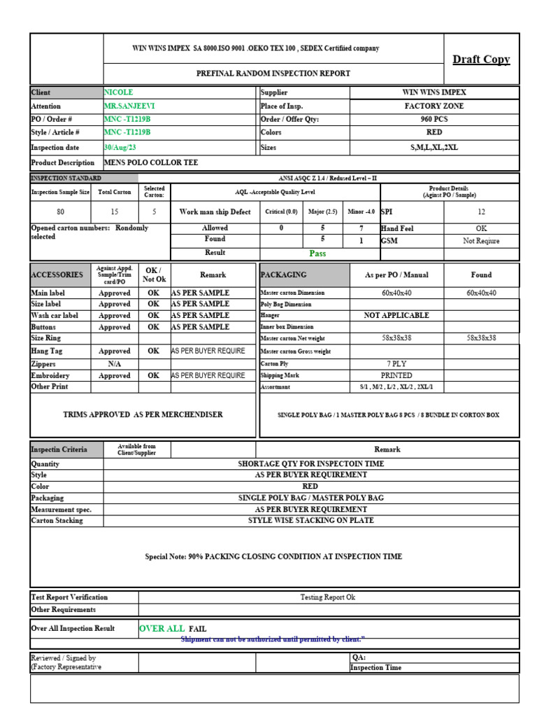 Inspection Report | PDF | Packaging And Labeling | Seam (Sewing)