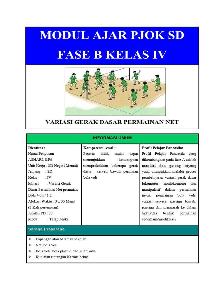 MODUL AJAR PJOK KUMER 02 KELAS 4 SEM 1 Permainan Net (BOLA VOLI) | PDF | Karier & Perkembangan
