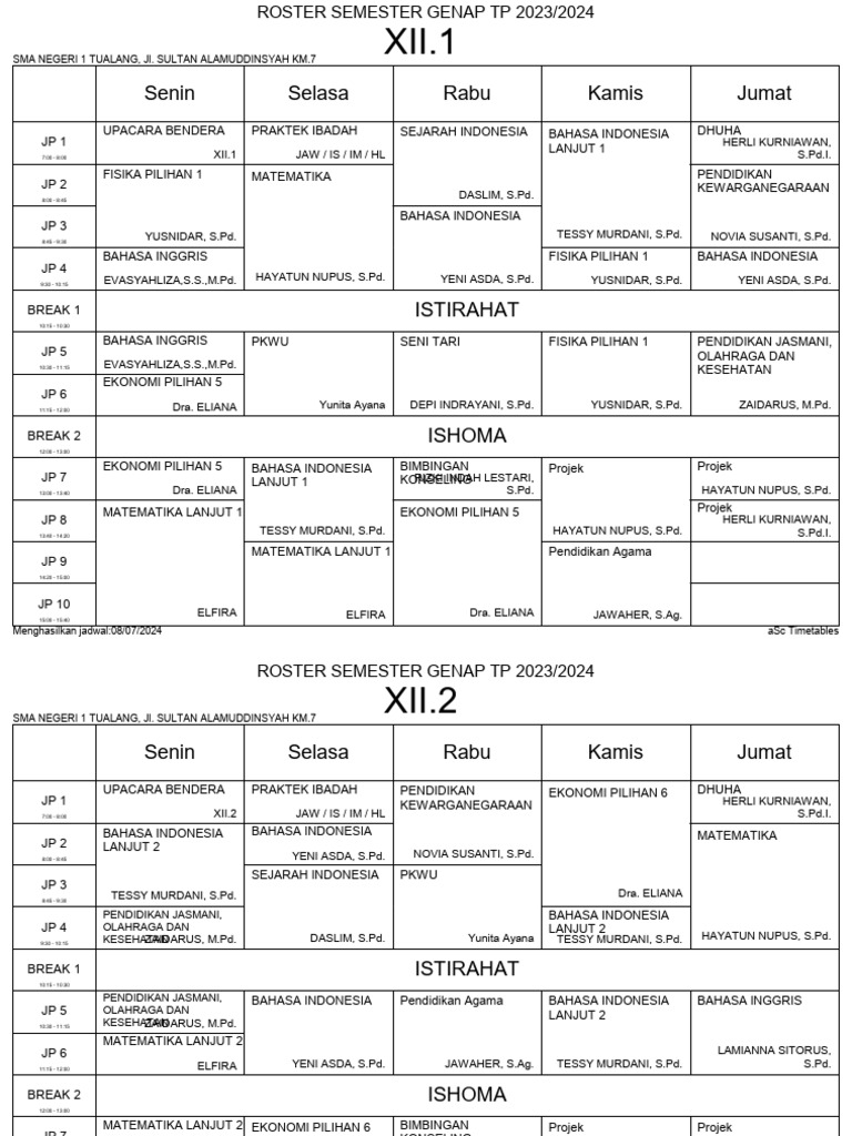 Jadwal Kelas XII Sem Ganjil 2024-2025 | PDF | Sains & Matematika