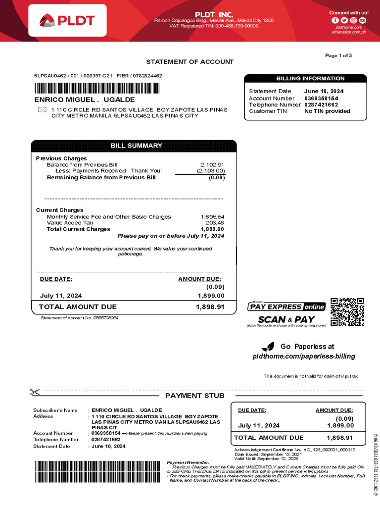 PLDT SOA - JUNE - Unlocked | PDF | Cheque | Value Added Tax