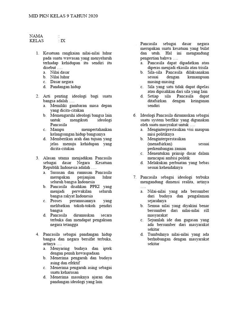 Mid PKN Kelas 9 Tahun 2020 | PDF