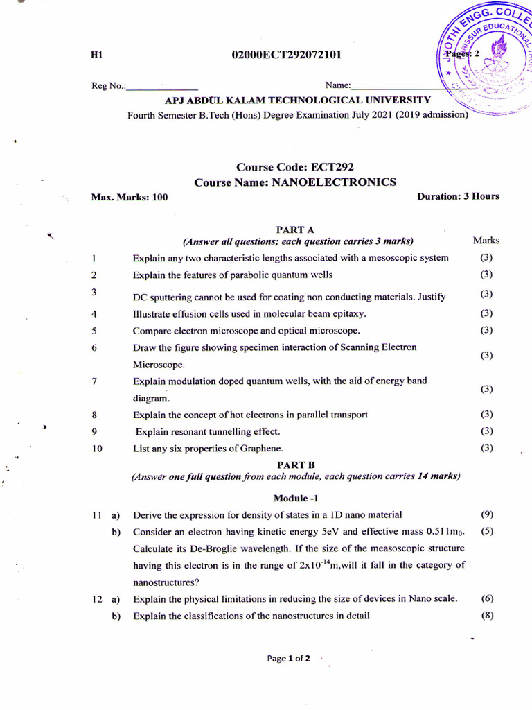 Ect292 Nanoelectronics, July 2021 | PDF | Electron | Nanotechnology