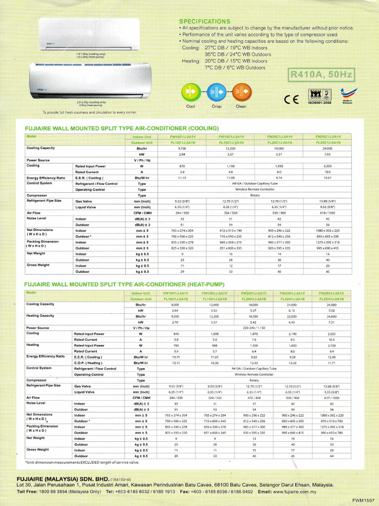 Fujiaire Split Type Air Conditioner Specs | PDF | Engineering ...
