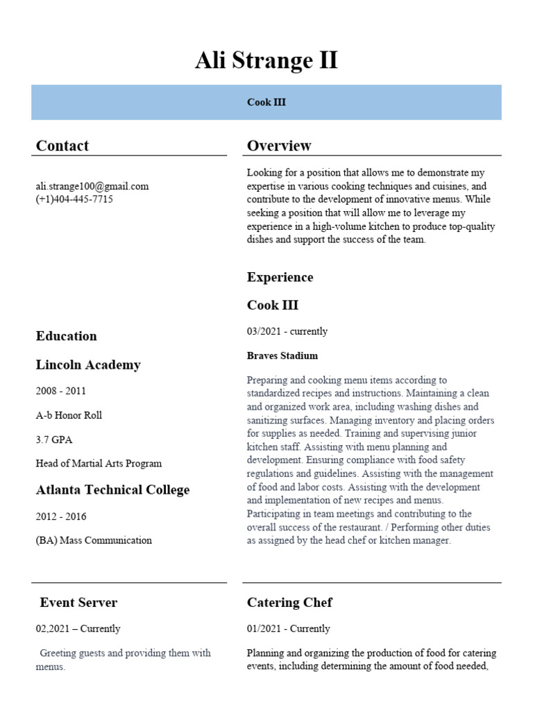 Ali Strange Updated Resume | PDF | Menu | Chef