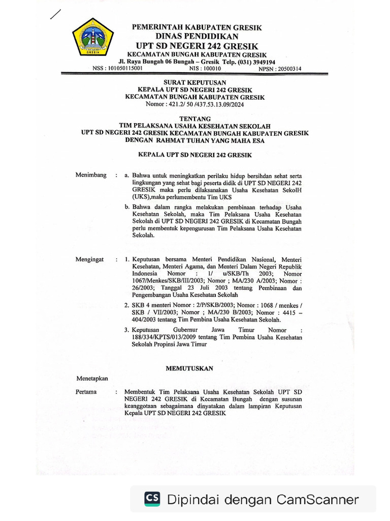 SK Tim UKS - UPT SD NEGERI 242 GRESIK | PDF