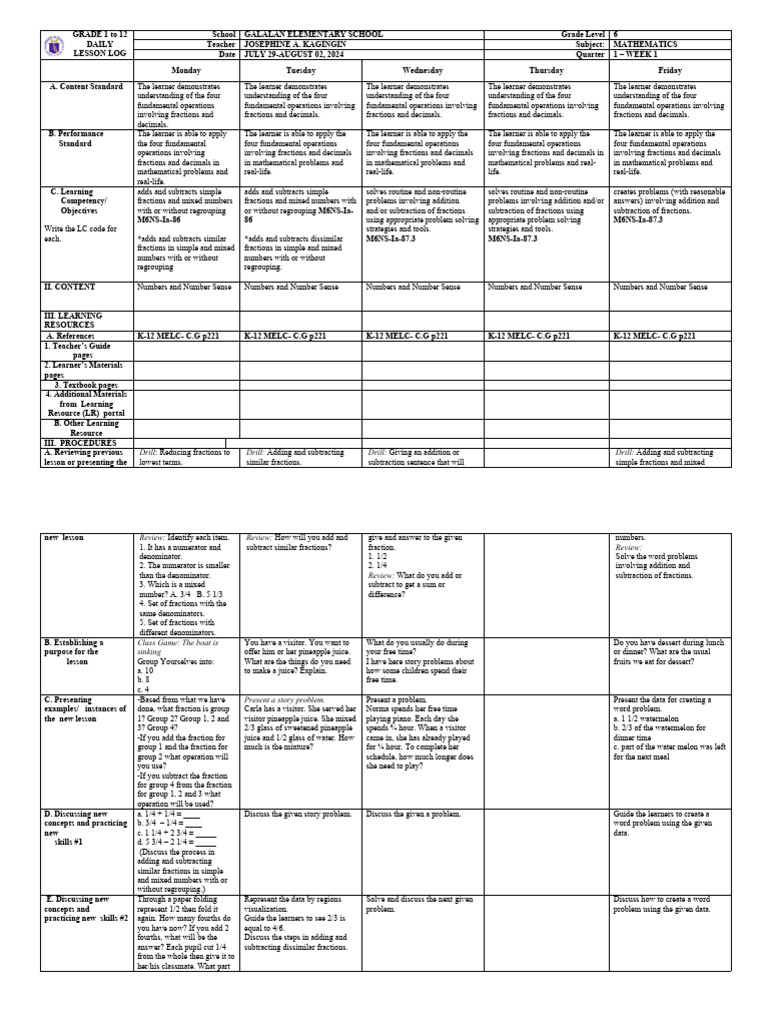 Week1 DLL Math 6 | PDF | Learning | Lunch