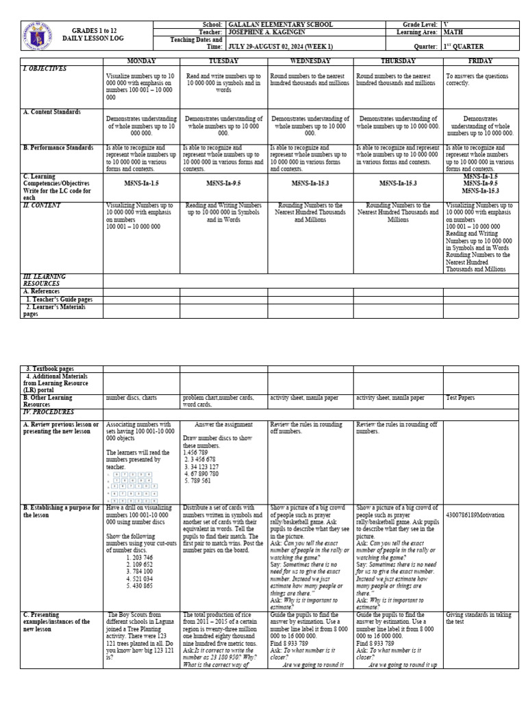 DLL - Math 5 - Q1 - W1 | PDF | Cognitive Science | Behavior Modification