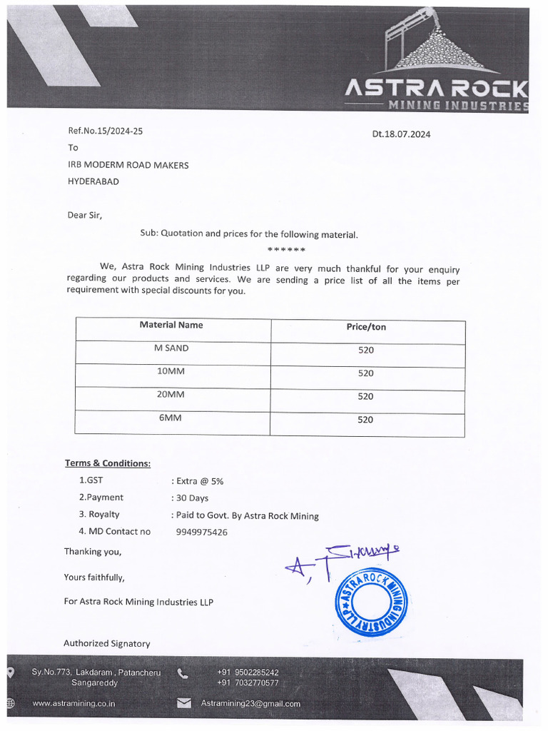 Quotation - Astra Rock Mining Industries | PDF