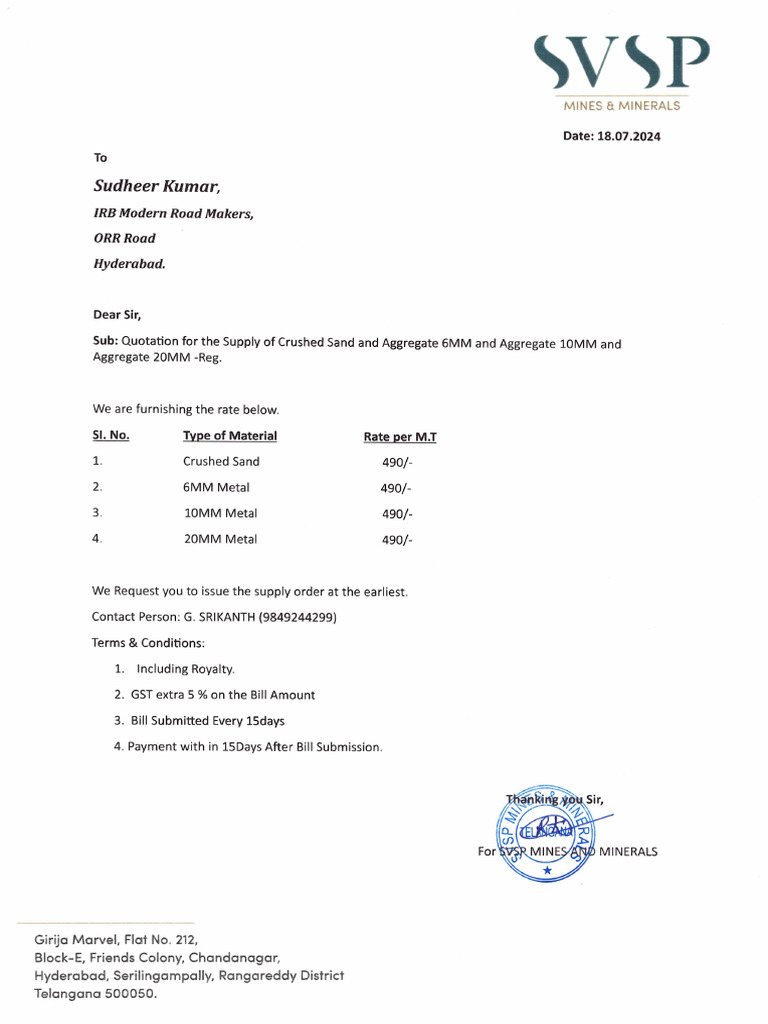 Quotation - SVSP Mines and Minerals | PDF