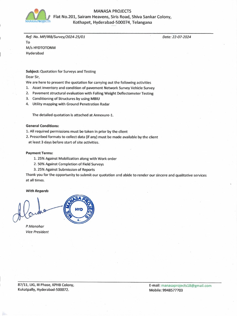 Manasa Projects - Quotation - Asset Performance Parameters Assessment | PDF
