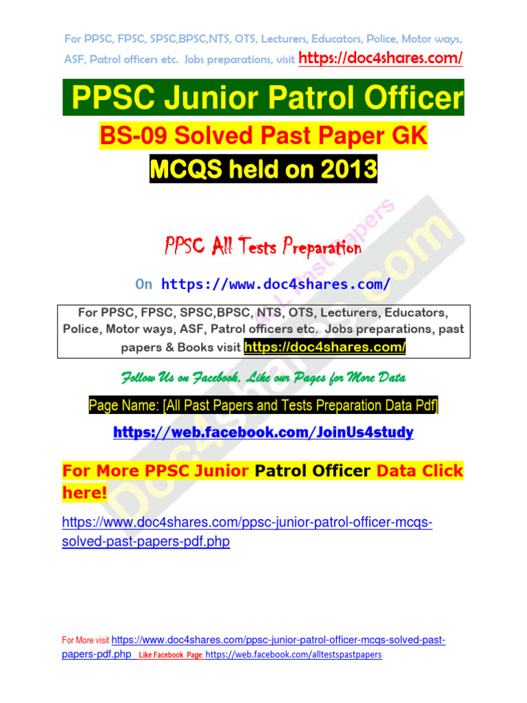 PPSC Junior Patrol Officer BS-09 Solved Past Paper GK MCQS Held On 2013 ...