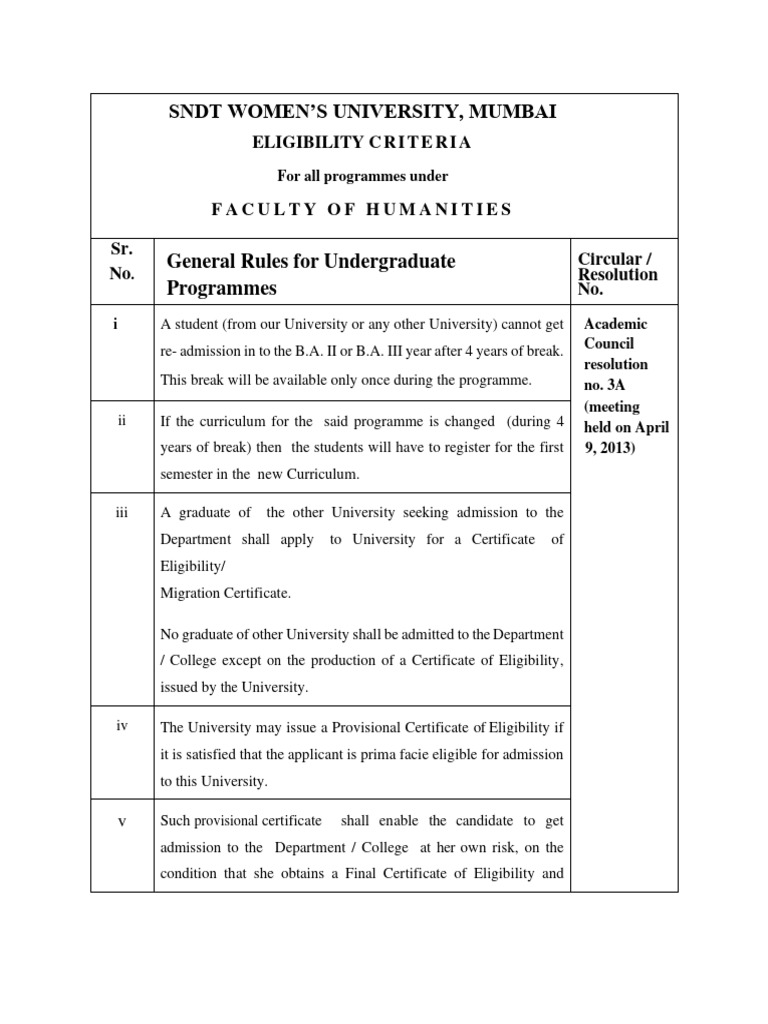Eligibility Criteria For All Programmes Under Faculty Of Humanities