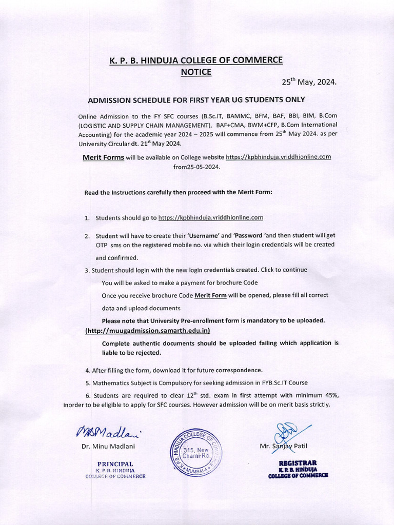 Admission Notice For UG Programmes 2024-2025 (SFC) | PDF