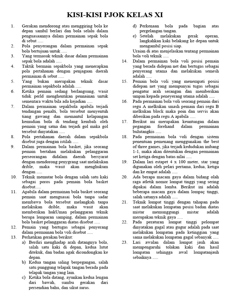 Kisi-Kisi Pjok Kelas Xi | PDF