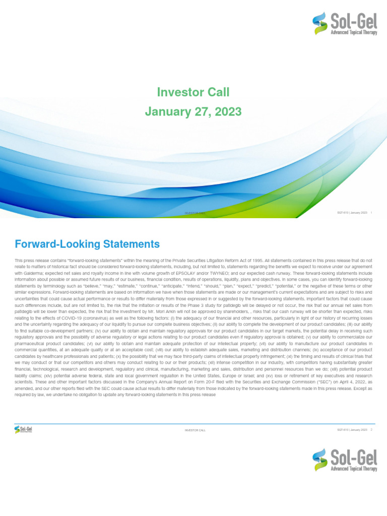 Sol-Gel Investor Call January 2023 | PDF | Risk | Phases Of Clinical ...