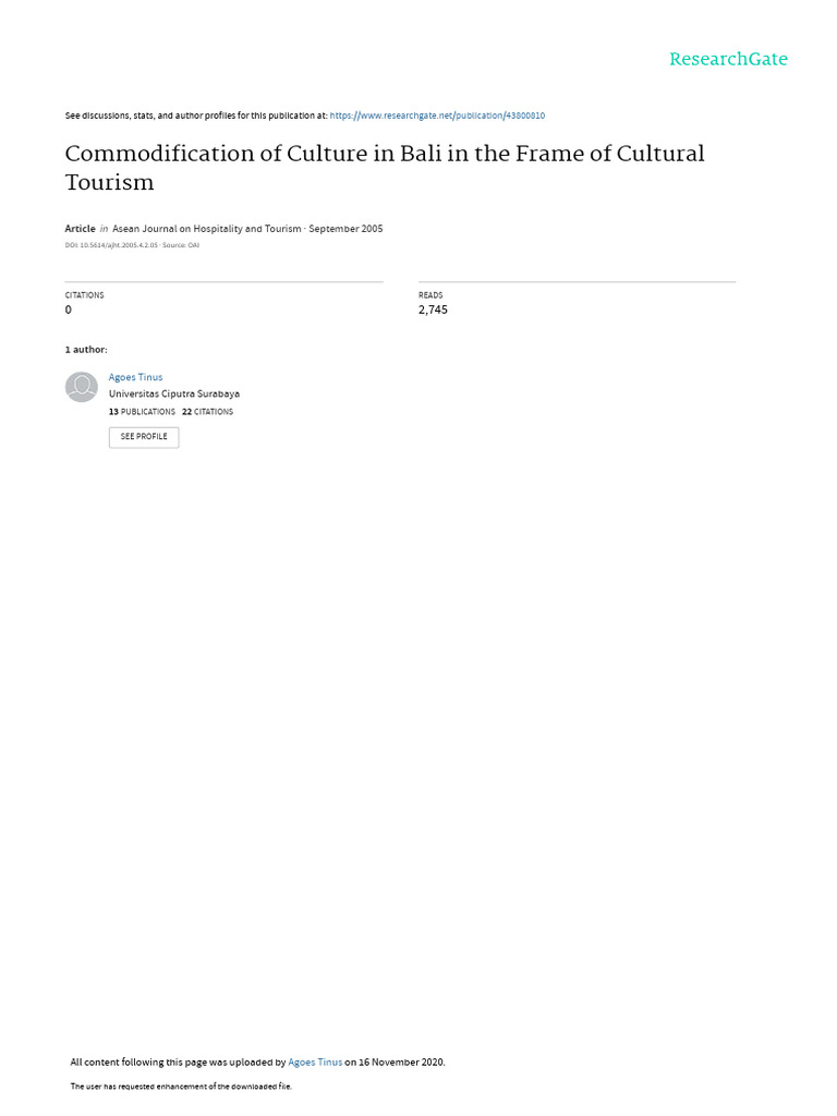 Commodification of Culture in Bali in The Frame of | PDF | Bali | Tourism