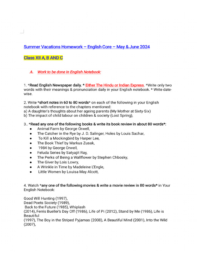 HHW, Class Xii A, B and C | PDF