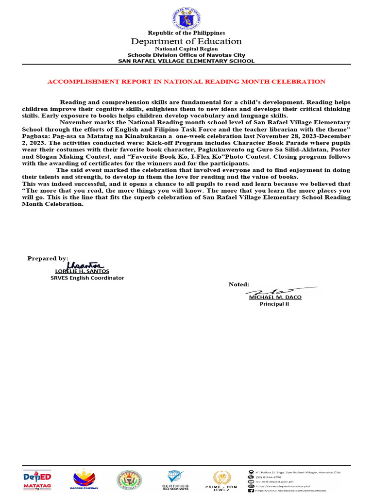 Accomplishment Report in Reading Month Celebration | PDF | Learning ...