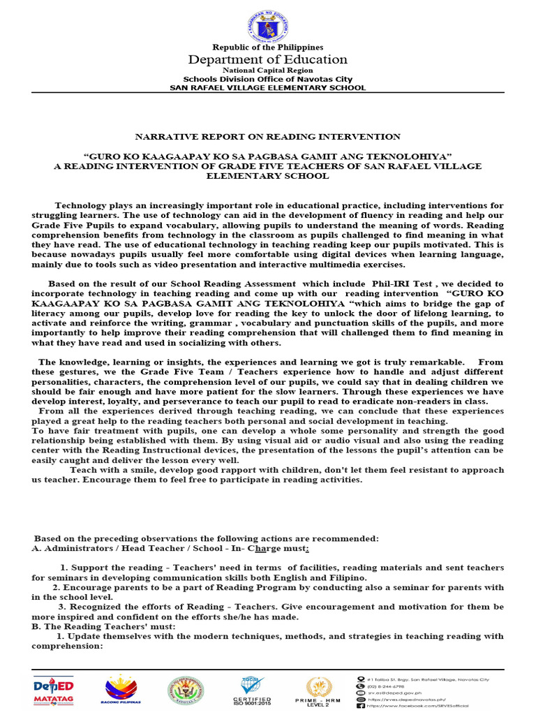 Narrative Report in Reading Intervention Grade 5 | PDF | Reading Comprehension | Learning