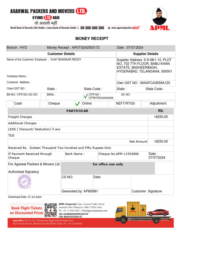 Freight Charges Receipt HYD 2024 | PDF