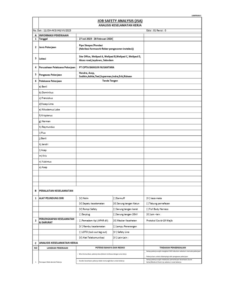 JSA Pembuatan Pipe Sleeper | PDF