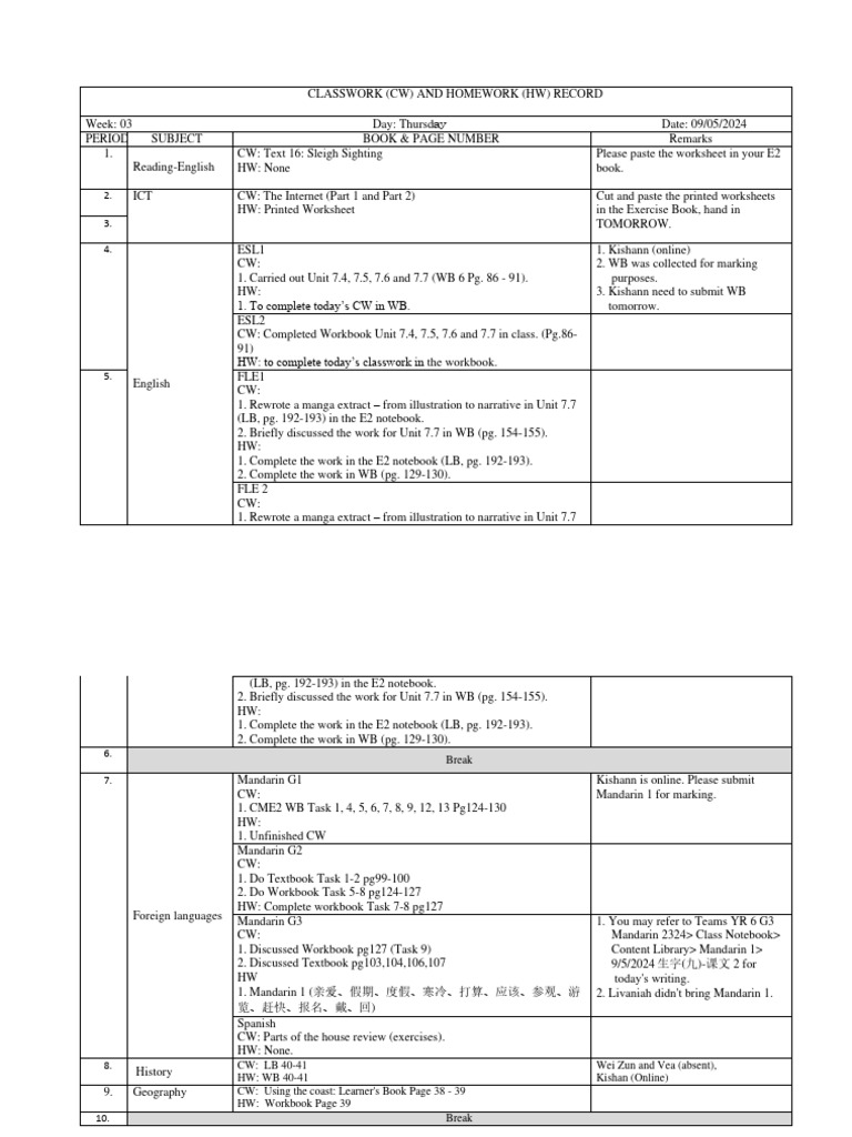 Year 6E - HW Diary - 09-05-24 Thursday | PDF