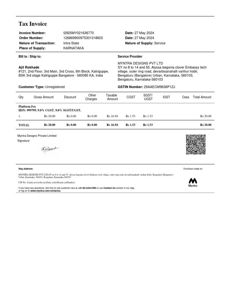 Tax Invoice for Myntra Services | PDF | Government Finances | Payments