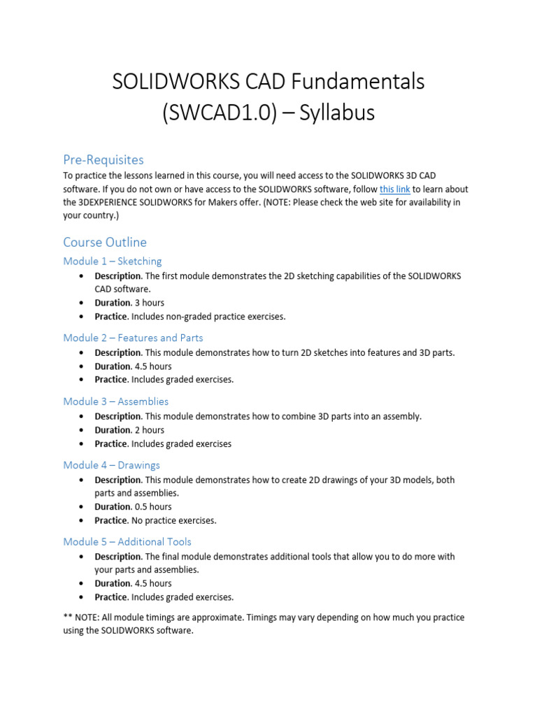 Syllabus SOLIDWORKS CAD Fundamentals | PDF