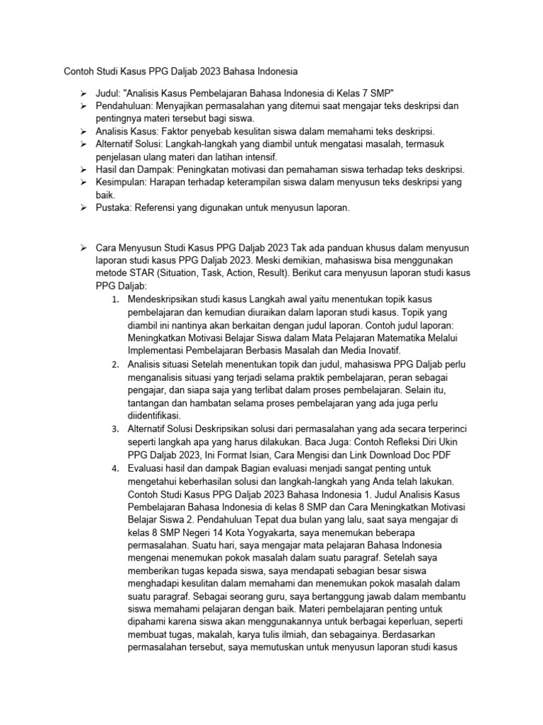 Contoh Studi Kasus PPG Daljab 2023 Bahasa Indonesia | PDF | Karier & Perkembangan | Seni