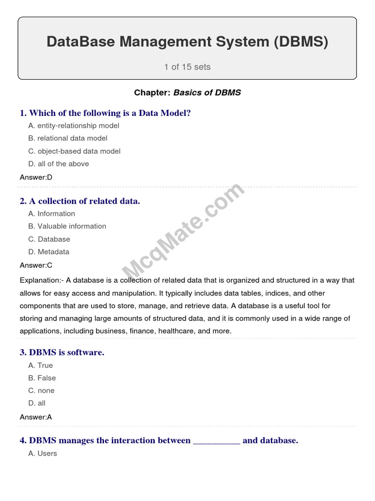 Database Management System [set 1] Pdf Database Index Databases