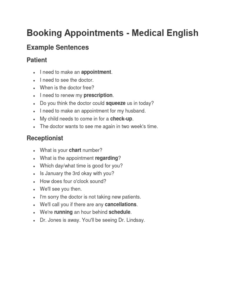 Medical Appointment Booking Phrases | PDF | Medicine