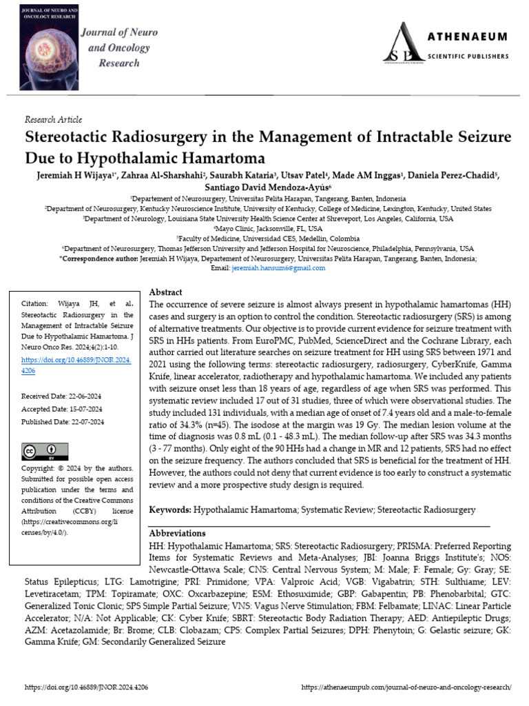 Stereotactic Radiosurgery in The Management of Intractable Seizure Due To Hypothalamic Hamartoma ...